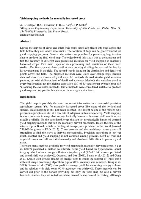 pdf yield mapping methods for manually harvested crops