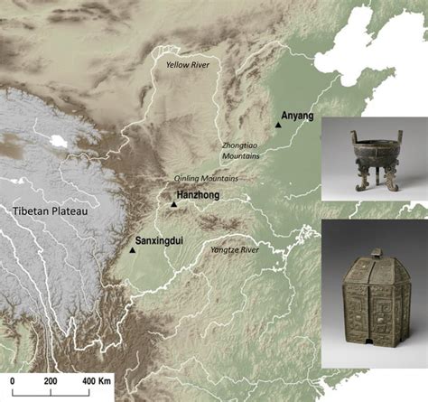 map showing main sites mentioned in text insets are two shang bronzes