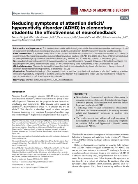 Pdf Reducing Symptoms Of Attention Deficithyperactivity Disorder Adhd In Elementary