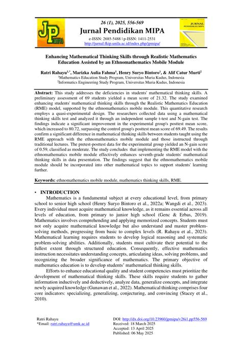 Pdf Enhancing Mathematical Thinking Skills Through Realistic Mathematics Education Assisted By