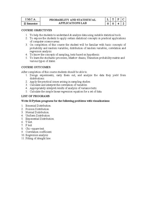 R Programming Lab Manual I M C PROBABILITY AND STATISTICAL APPLICATIONS LAB L T P C II