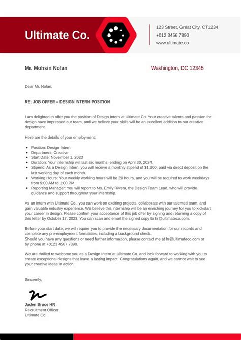 internship offer letter from company template