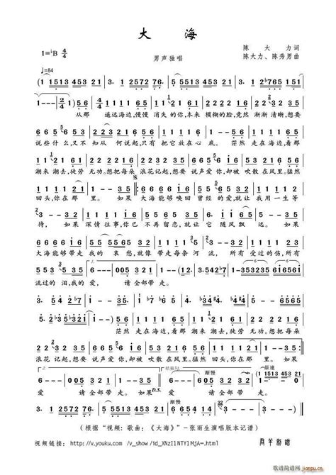 大海（ 视频 歌曲 《大海》 本） 张雨生 歌谱简谱网