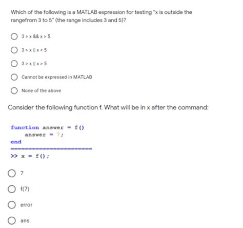 Solved Which Of The Following Is A MATLAB Expression For Chegg