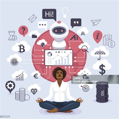 새로운 비즈니스 개념입니다 기술 및 금융 동향 캐릭터 분석 인포그래픽이 있는 로봇 인공지능 명상하는 아프리카계 미국인 사업가 남자 사업가에 대한 스톡 벡터 아트 및 기타