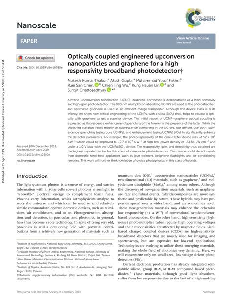 Pdf Optically Coupled Engineered Upconversion Nanoparticles And Graphene For High Responsivity
