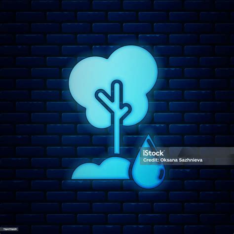 벽돌 벽 배경에 격리 빛나는 네온 급수 나무 아이콘입니다 포리스트 기호입니다 관개 기호입니다 벡터 일러스트레이션 0명에 대한 스톡 벡터 아트 및 기타 이미지 Istock