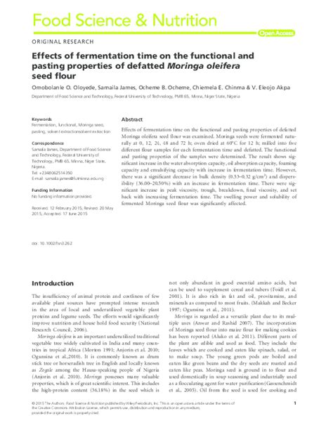 Pdf Effects Of Fermentation Time On The Functional And Pasting Properties Of Defatted Moringa