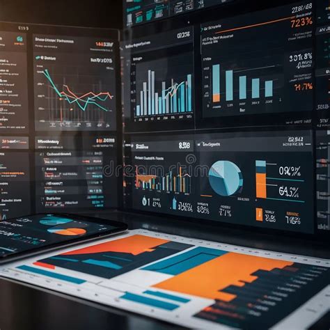 Data Graphs And Floating Icons Of Success And Strategy On Business Dashboard Stock Illustration
