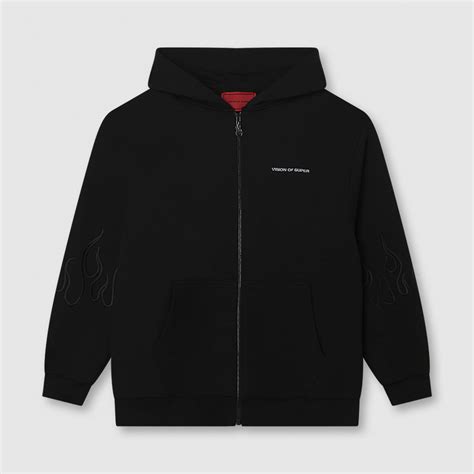 Black Hoodie Zip With Embroidered White Logo Black Flames And Metal L