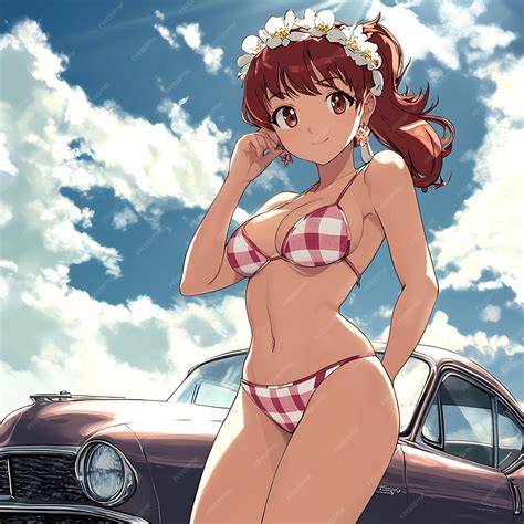 Anime Girl In Bikini Leaning On A Classic Car Premium Ai Generated Image