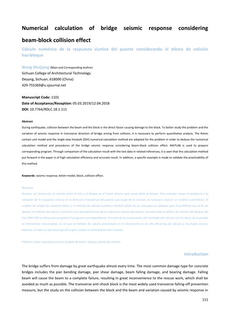 pdf numerical calculation of bridge seismic response considering beam
