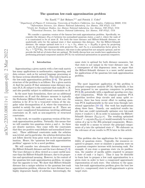 Pdf The Quantum Low Rank Approximation Problem