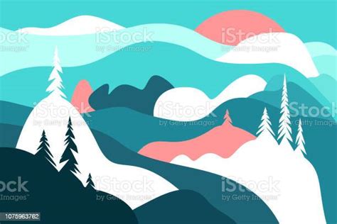 즐거운 성탄절 산과 눈으로 엽서 덮여 언덕 눈 태양 나무 겨울 풍경입니다 벡터 일러스트입니다 12월에 대한 스톡 벡터 아트 및 기타 이미지 Istock