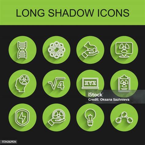 번개 방사능 Dna 기호 아이디어의 전구 개념 분자 제곱근 4 글리프 방사선 경고 문서 및 Xyz 좌표계 아이콘으로 선 보안 방패를 설정합니다 벡터 3차원 형태에 대한 스톡