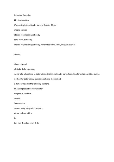 Reduction Formulae Introduction When Using Integration By Parts In Chapter 43 An Integral