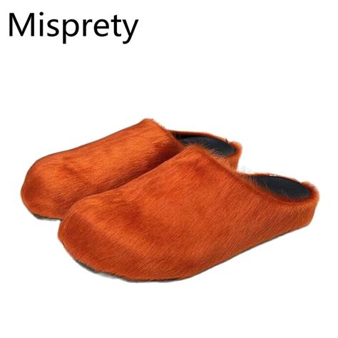 가을겨울용 여성 슬리퍼 라운드 토 진짜 말 털 여성 런웨이 하프 슬리퍼 아웃웨어 플랫 뮬 디자이너 신발 여성용 Aliexpress
