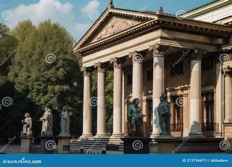 Classicist Building With Columns And Sculptures Viewed From A Distance
