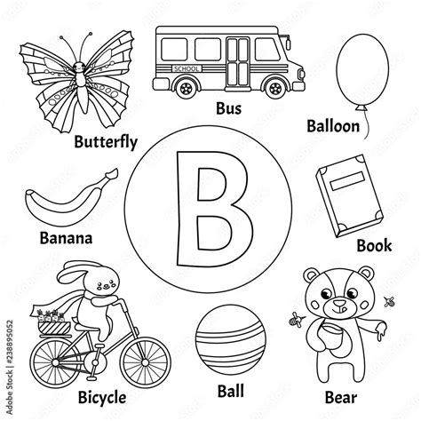 Learning Card Alphabet Letter B Set Of Cute Cartoon Illustrations Coloring Page Stock Vector