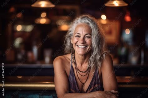 Headshot Portrait Photography Of A Grinning Mature Woman Wearing A Daring Bikini Against A