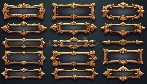 Set Of Game Ui Elements With Gold Frames In Medieval Style Buttons Banners Different Shapes