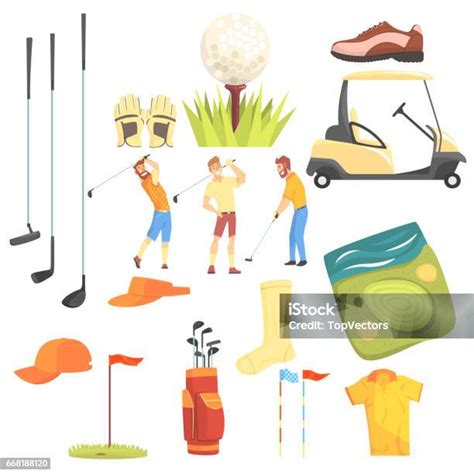골프 스포츠 장비 및 게임에 의해 포위 하는 세 골퍼 특성 만화 벡터 일러스트 레이 션 T 셔츠에 대한 스톡 벡터 아트 및 기타