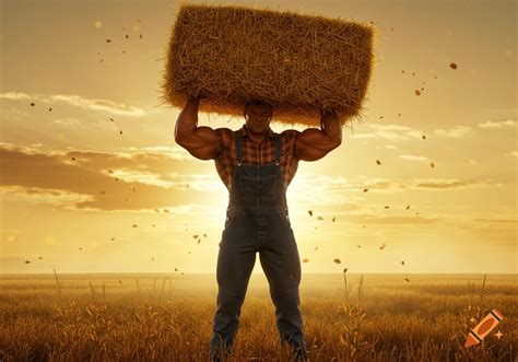 A Very Muscular Farmer In Overalls Carries A Large Hay Bale On His
