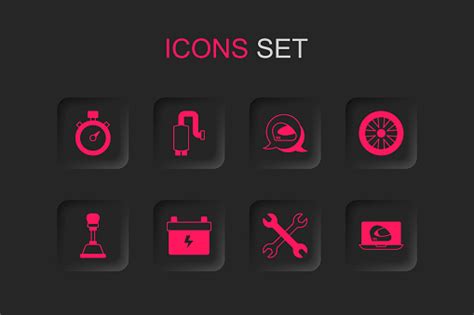 자동차 배터리 머플러 스톱워치 렌치 스패너 자동차용 알로이 휠 레이싱 헬멧 및 기어 시프터 아이콘을 설정합니다 벡터 계시기에