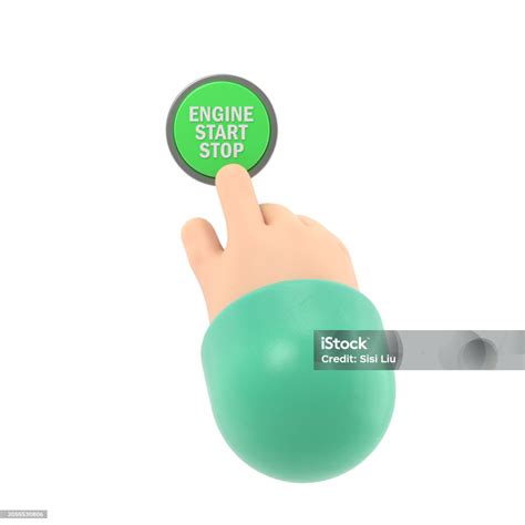 엔진 시동 및 정지 시스템 엔진 시동 사람은 자동차 모터의 시작 및 정지 버튼에 손가락을 대고 있습니다 3d 일러스트 레이 션은 흰색 배경에 평평design3d 렌더링됩니다