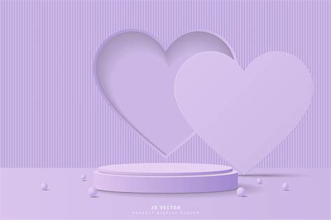 보라색 3d 실린더 연단 받침대는 하트 모양 창과 커버 배경 구체 공으로 사실적입니다 판촉을 위한 발렌타인 데이 장면과 제품 광고 3d 벡터 기하학적 플랫폼 설계 3차원