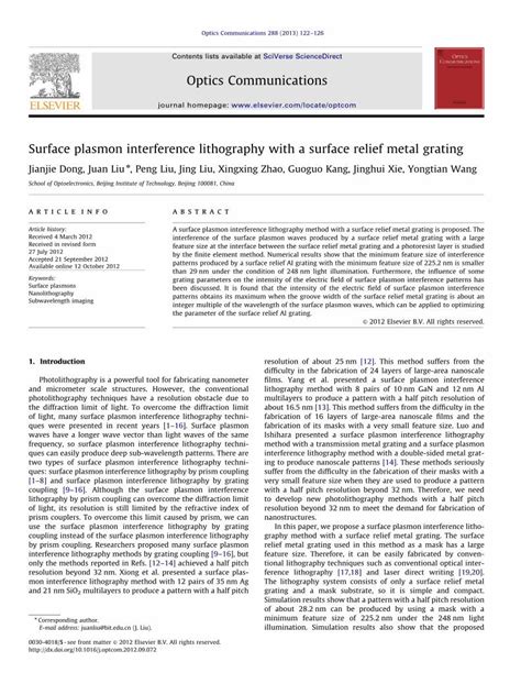 Pdf Surface Plasmon Interference Lithography With A Surface Relief