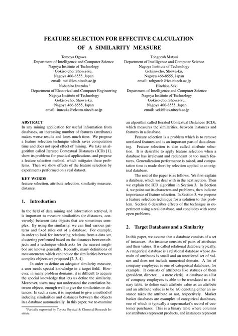 Pdf Feature Selection For Effective Calculation Of A Similarity Measure