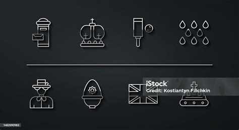 런던 우편함 엘리자베스 여왕 물방울 영국 국기 영국 경찰 헬멧 왕관 나무 크리켓 방망이와 공 아이콘을 설정합니다 벡터 검은색에