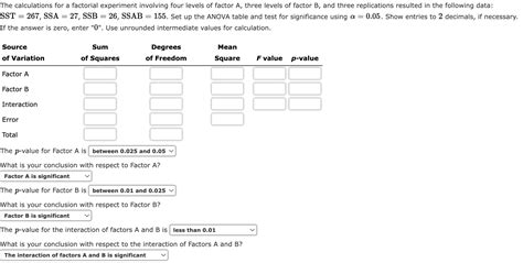 Solved The Calculations For A Factorial Experiment Involving Chegg Com