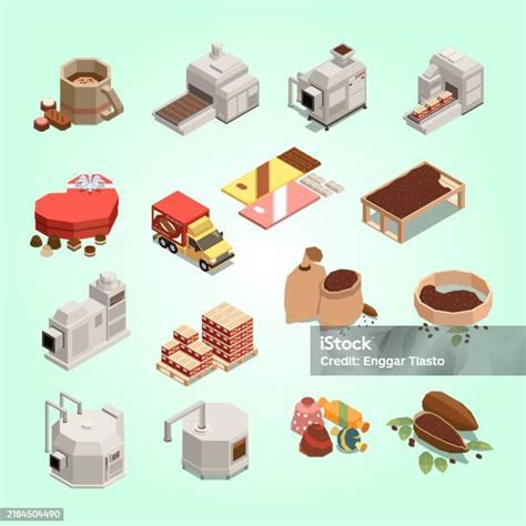 초콜릿 생산 이성질체 카카오 콩 원료 세트 자동화 된 공장 라인 사탕 및 바 절연 된 벡터 일러스트 레이 션 3차원 형태에 대한