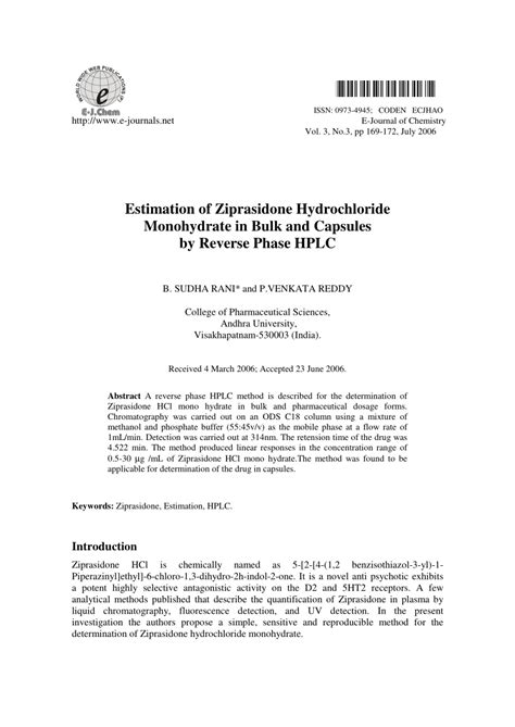 Pdf Estimation Of Ziprasidone Hydrochloride Monohydrate In Bulk And Capsules By Reverse Phase Hplc