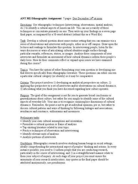 Ant 302 Ethnographic Assignment 2019 Pdf Ethnography Question
