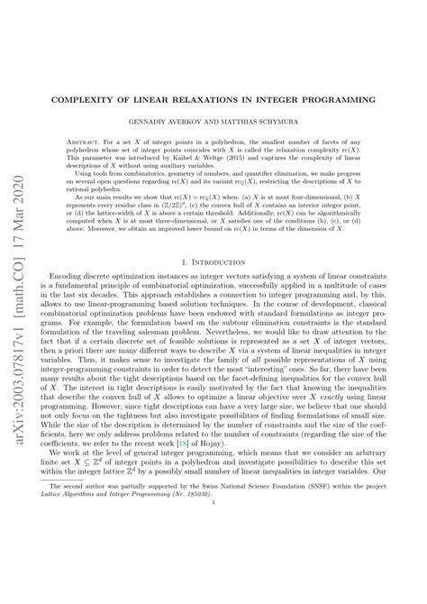 Pdf Complexity Of Linear Relaxations In Integer Programming