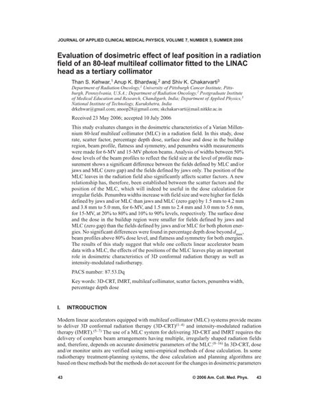 Pdf Evaluation Of Dosimetric Effect Of Leaf Position In Radiation Field Of An 80 Leaf