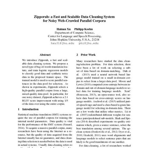 Zipporah A Fast And Scalable Data Cleaning System For Noisy Web Crawled Parallel Corpora R