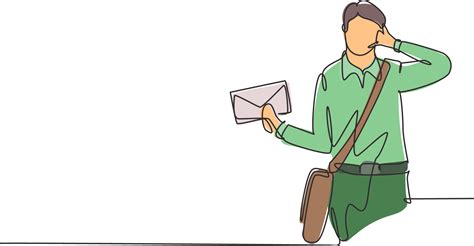 Single Continuous Line Drawing Postman Wearing Hat Sling Bag And Uniform With Call Me Gesture