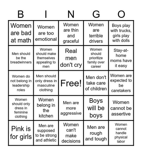 Gender Roles Bingo Card