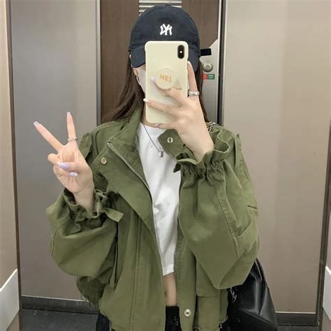 아메리칸 스타일 빈티지 긴 소매 짧은 가디건 작업복 트렌치 코트 여성용 큰 사이즈 지방 자매 스탠드 칼라 데님 탑 가을 상품 AliExpress