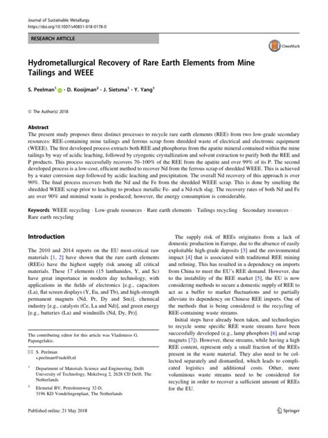 4 Hydrometallurgical Recovery Of Rare Earth Elements From Mine Tailings And Weee 2018 Pdf