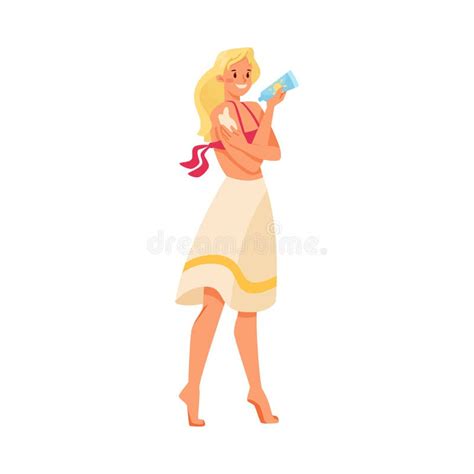 Woman Character Standing On Beach Sunbathing Applying Sunscreen Vector