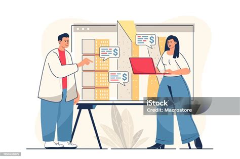 웹 배너에 대한 부동산 개념 남자와 여자는 주택의 건축 프로젝트에 대해 논의 아파트를 선택 현대 인의 장면 사람 캐릭터가있는