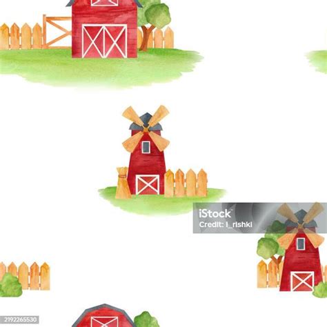 헛간 나무 울타리 풍차 나무가 있는 농장 풍경 매끄러운 수채화 그림 소박한 인테리어 친환경 프로젝트 시골에서 영감을 받은 디자인에 적합합니다 건물 외관에 대한 스톡 벡터
