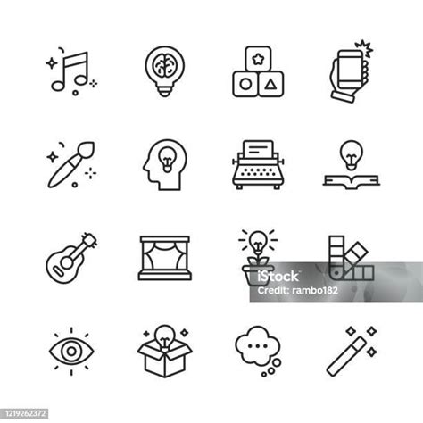 예술과 창의력 라인 아이콘 편집 가능한 스트로크입니다 픽셀 완벽한 모바일 및 웹용 예술 창의성 그림 그림 사진 쓰기 상상력 혁신 브레인 스토밍 디자인 마케팅 음악 미디어와