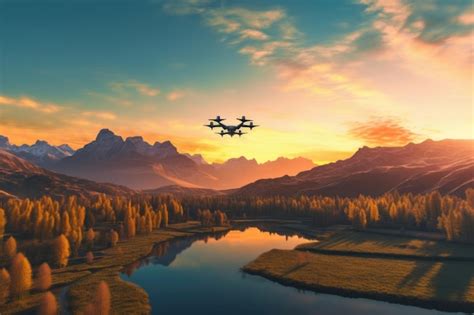 Premium Ai Image Drone Hovering Above Scenic Landscape At Sunset