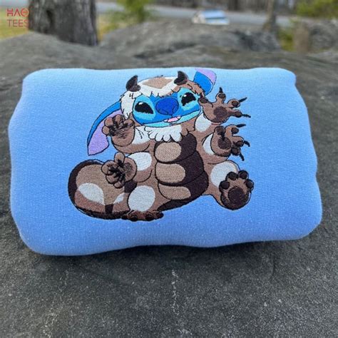 Appa Avatar Anime And Lilo And Stitch Cartoon Cute Embroidery Crewneck Embroidered Shirt